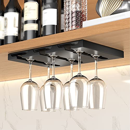 Gittcoll Wine Glasses Rack Stainless Steel Under Cabinet Stemware Hanging Holder No Drilling Metal Wine Glasses Goblets Drying Organizer Storage for Cabinet Kitchen Bar (3 Slot)