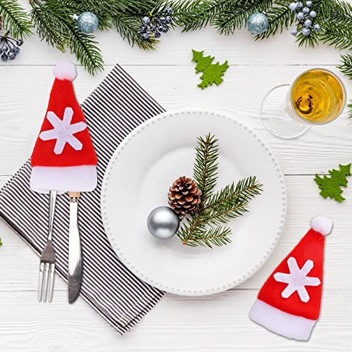 Whaline 30Pcs Christmas Mini Santa Hat Silverware Holders Cup Bottles Cover with Snowflake Tableware Holder Cutlery Knife Fork Spoon Holder Bag for Xmas Party Dinnerware Kitchen Table Setting