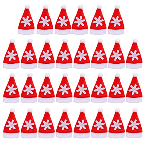 Whaline 30Pcs Christmas Mini Santa Hat Silverware Holders Cup Bottles Cover with Snowflake Tableware Holder Cutlery Knife Fork Spoon Holder Bag for Xmas Party Dinnerware Kitchen Table Setting