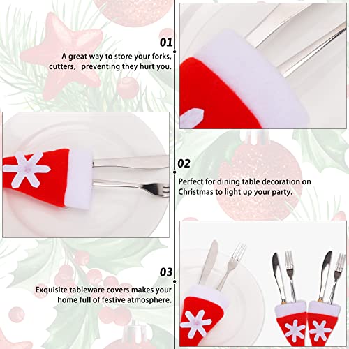 Whaline 30Pcs Christmas Mini Santa Hat Silverware Holders Cup Bottles Cover with Snowflake Tableware Holder Cutlery Knife Fork Spoon Holder Bag for Xmas Party Dinnerware Kitchen Table Setting