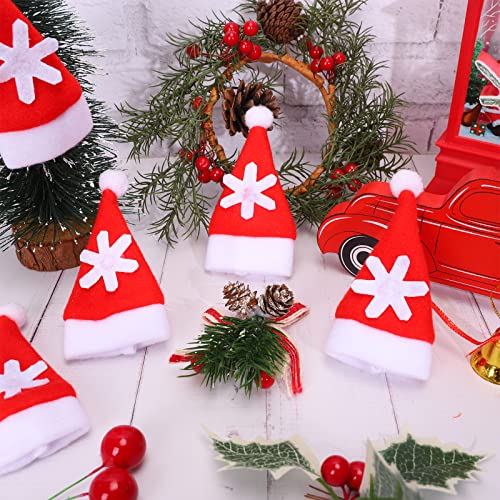 Whaline 30Pcs Christmas Mini Santa Hat Silverware Holders Cup Bottles Cover with Snowflake Tableware Holder Cutlery Knife Fork Spoon Holder Bag for Xmas Party Dinnerware Kitchen Table Setting