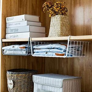 Under Shelf Basket, 4 Pack White Wire Rack, Slides Under Shelves for Storage Space on Kitchen Pantry Desk Bookshelf Cupboard