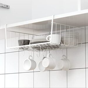 Under Shelf Basket, 4 Pack White Wire Rack, Slides Under Shelves for Storage Space on Kitchen Pantry Desk Bookshelf Cupboard