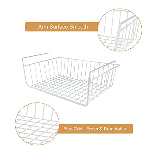 Under Shelf Basket, 4 Pack White Wire Rack, Slides Under Shelves for Storage Space on Kitchen Pantry Desk Bookshelf Cupboard