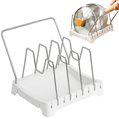 Magicg Pots and pans organizer with 4 Adjustable Organizers for Kitchen Cabinets,Storage Baskets for Shelves，Free Standing Space Saver for Dishes, With Towel Bar (WHITE)