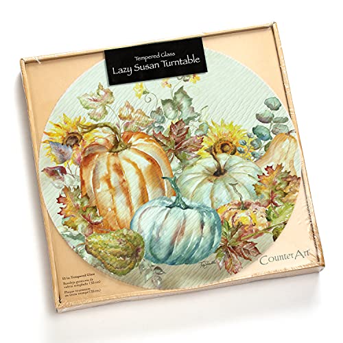 CounterArt Harvest Pumpkins & Sunflowers 4mm Heat Tolerant Tempered Glass Lazy Susan Turntable 13" Diameter Cake Plate Condiment Caddy Pizza Server