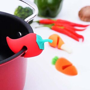 QWDLID 6 Pieces Spill-proof Lid Lifter Silicone Heat Resistant Holder Keep The Lid Open Cooking Helpers Creative Carrot Chili Chicken Drumstick Shape Release Steam Kitchen Gadgets for Cooking