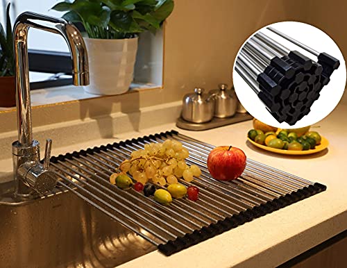 SHUYUE Roll Up Dish Drying Rack Over The Sink Dish Drying Rack Portable Stainless Steel Rolling Rack Kitchen Rolling Dish Drainer Sink Rack Mat Dish Racks for Kitchen Sink Counter (Black)