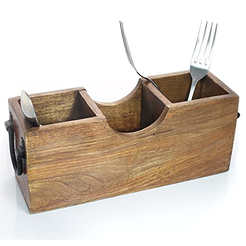 SAVON Wooden Cutlery Holder Caddy Organizer Natural Torched 3 compartments (Brown)