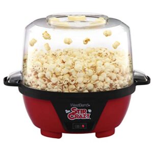 west bend stir crazy popcorn machine electric hot oil popper includes large lid for serving bowl and convenient nesting storage, 6-quart, red