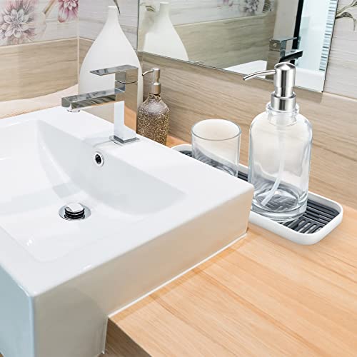 Youyole 3 Pcs Kitchen Soap Tray Sink, Double Layer Sink Organizer Dish and Sponge Holder with Detachable Drain for Dispenser Counter Bathroom Accessories Storage, Gray White, 11.81 x 3.94 1.18 inches