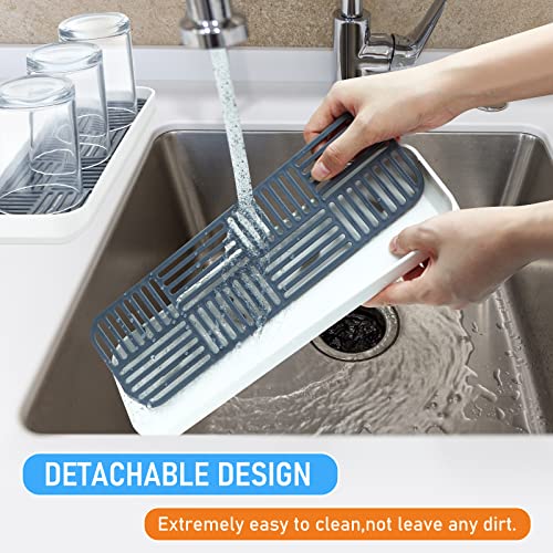 Youyole 3 Pcs Kitchen Soap Tray Sink, Double Layer Sink Organizer Dish and Sponge Holder with Detachable Drain for Dispenser Counter Bathroom Accessories Storage, Gray White, 11.81 x 3.94 1.18 inches