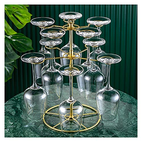 STXMY Hanging Wine Glass Rack, Gold Modern Metal Freestanding Countertop Stemware Holder with 10 Hooks, Air Drying System, for Cabinet Kitchen or Bar