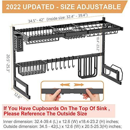 Tsmine Over The Sink Dish Drying Rack 2 Tier Stainless Steel Kitchen Dish Rack Adjustable (33.5-40.5 in), Large Dish Rack Drainer for Kitchen Organizer Storage Space Saver with 7 Utility Hooks