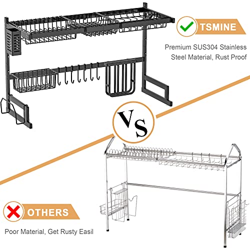 Tsmine Over The Sink Dish Drying Rack 2 Tier Stainless Steel Kitchen Dish Rack Adjustable (33.5-40.5 in), Large Dish Rack Drainer for Kitchen Organizer Storage Space Saver with 7 Utility Hooks