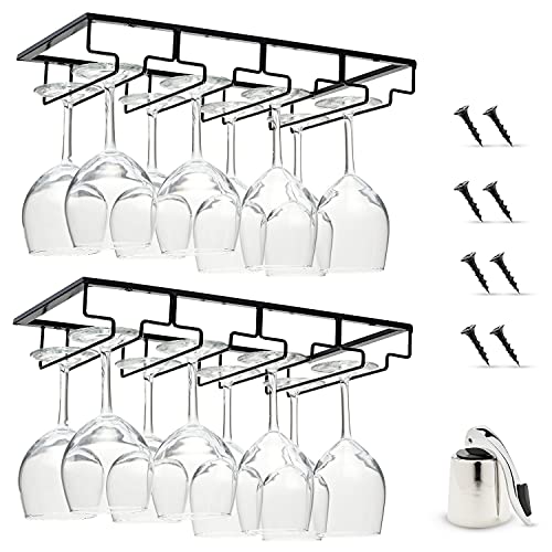 Under Cabinet Wine Glass Holder - 4 Row Hanging Wine Glass Rack With A Steel Wine Stopper - Our Under Shelf Wine Glass Holder is Great for Wine, Brandy, Margarita, Martini & More - 2 Racks, Black