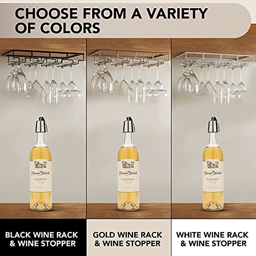 Under Cabinet Wine Glass Holder - 4 Row Hanging Wine Glass Rack With A Steel Wine Stopper - Our Under Shelf Wine Glass Holder is Great for Wine, Brandy, Margarita, Martini & More - 2 Racks, Black