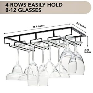 Under Cabinet Wine Glass Holder - 4 Row Hanging Wine Glass Rack With A Steel Wine Stopper - Our Under Shelf Wine Glass Holder is Great for Wine, Brandy, Margarita, Martini & More - 2 Racks, Black