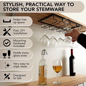 Under Cabinet Wine Glass Holder - 4 Row Hanging Wine Glass Rack With A Steel Wine Stopper - Our Under Shelf Wine Glass Holder is Great for Wine, Brandy, Margarita, Martini & More - 2 Racks, Black