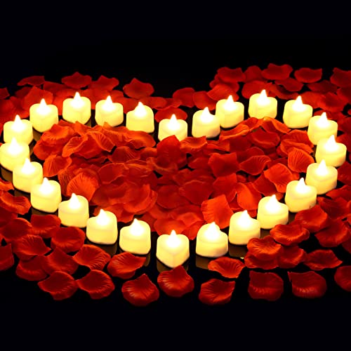 2000 Pieces Artificial Rose Petals with 24 Pieces LED Tea Lights Candles, Cridoz Romantic Decorations Special Night Set for Romantic Night, Valentine's Day, Wedding Anniversary or Table Décor