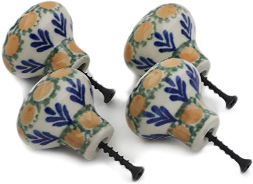 Polish Pottery Set of 4 Drawer Pull Knobs 1-1/2 inch Made by Ceramika Artystyczna (Autumn Wheatfields Theme) + Certificate of Authenticity