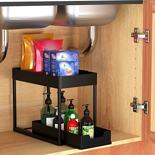 LEEL Under Sink Organizer storage, 2-Tier Pull-Out Kitchen Under Sink Storage Box with Hook and Hanging Cup, Suitable for kitchen - bathroom - rv - office multi-functional organizer.