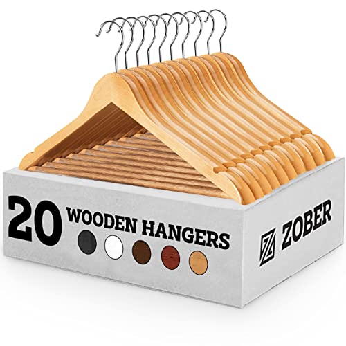 Zober Wooden Hangers 20 Pack - Non Slip Wood Clothes Hanger for Suits, Pants, Jackets w/ Bar & Cut Notches - Heavy Duty Clothing Hanger Set - Coat Hangers for Closet - Natural