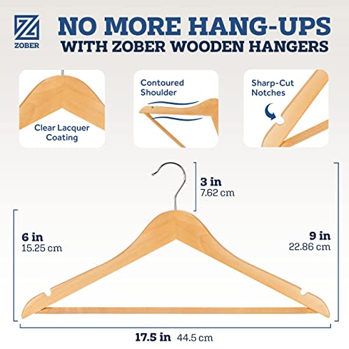 Zober Wooden Hangers 20 Pack - Non Slip Wood Clothes Hanger for Suits, Pants, Jackets w/ Bar & Cut Notches - Heavy Duty Clothing Hanger Set - Coat Hangers for Closet - Natural