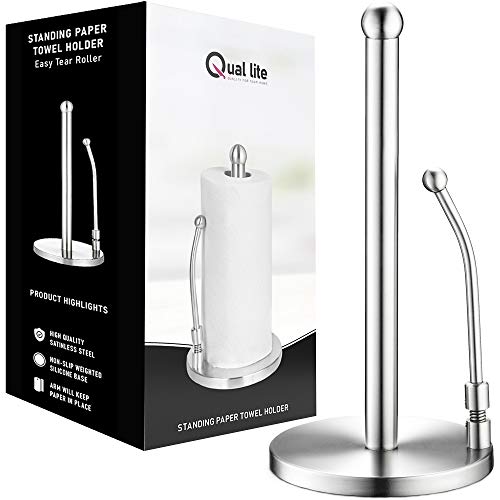 QUAL-LITE Stainless Steel Paper Towel Holder Stand - Weighted Paper Towel Organizer with Tension Arm for Any Tissue Roll Size - Modern Countertop Paper Towel Holder - Rust-Proof