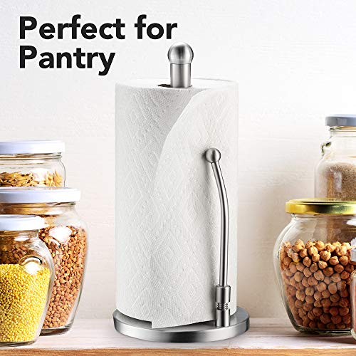 QUAL-LITE Stainless Steel Paper Towel Holder Stand - Weighted Paper Towel Organizer with Tension Arm for Any Tissue Roll Size - Modern Countertop Paper Towel Holder - Rust-Proof