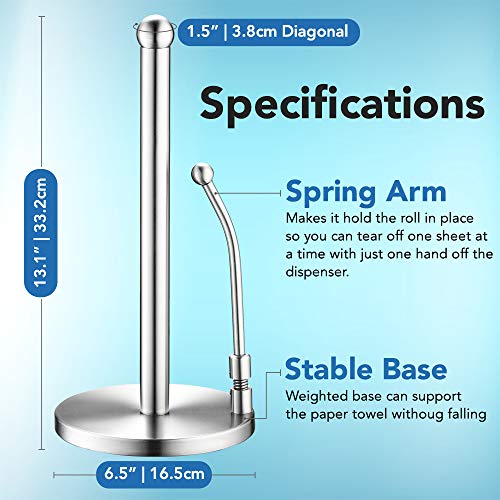 QUAL-LITE Stainless Steel Paper Towel Holder Stand - Weighted Paper Towel Organizer with Tension Arm for Any Tissue Roll Size - Modern Countertop Paper Towel Holder - Rust-Proof