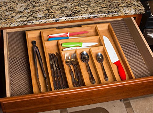 BirdRock Home Bamboo Expandable Utility Drawer Organizer – Utensil Silverware – Spoon Knife Fork – 17.5 Inch – Large – Natural Wood – Tray – Adjustable Kitchen Organization