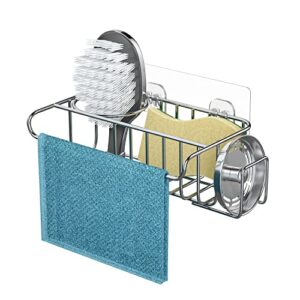 hapirm 4 in 1 adhesive sink caddy sponge holder, sus304 stainless steel sink basket brush holder + dish cloth hanger + soap rack + sink stopper holder with 2 installation ways – silver