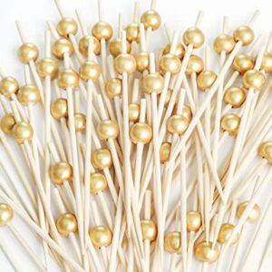 200PCS Cocktail Picks, Fancy Cocktail Toothpicks for Appetizers Picks, Handmade Bamboo Cocktail Skewers for Appetizers Fruit Party, Gold Pearl Food Picks Charcuterie Accessories (4.7 Inch)