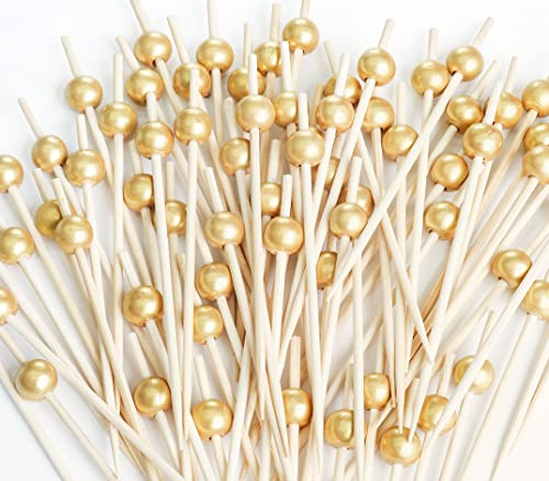 200PCS Cocktail Picks, Fancy Cocktail Toothpicks for Appetizers Picks, Handmade Bamboo Cocktail Skewers for Appetizers Fruit Party, Gold Pearl Food Picks Charcuterie Accessories (4.7 Inch)