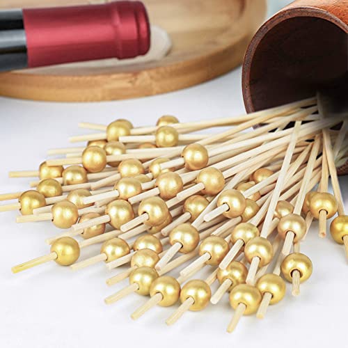 200PCS Cocktail Picks, Fancy Cocktail Toothpicks for Appetizers Picks, Handmade Bamboo Cocktail Skewers for Appetizers Fruit Party, Gold Pearl Food Picks Charcuterie Accessories (4.7 Inch)