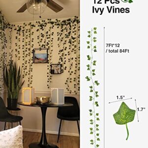 JACKYLED 84Ft 12 Pack Artificial Ivy Garland Fake Plants, Ivy Leaves with CE Certified 80 LED String Lights, Hanging Ivy Lights for Aesthetic Bedroom Garden Party Wall Room Decor