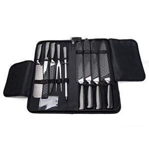 chef’s leather knife bag with 9 universal knife holder slots, knife carrier bag has a zipper pouch, knife case also holds small kitchen tools like spoon, peeler, bbq tools, best chef knife bag