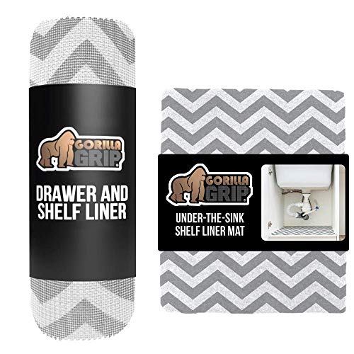 Gorilla Grip Drawer Liner and Under Sink Mat Liner, Both in Chevron Gray White Pattern, Drawer and Shelf Liner Size is 17.5x10, Under Sink Mat Size is 24x30, Waterproof, Easy to Trim, 2 Item Bundle