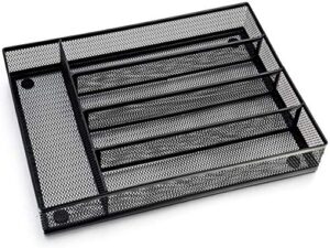 ipanda cutlery tray, cutlery organizer, non-silp 5 compartments utensil drawer storage, kitchen/office, steel mesh silverware drawer/holder/divider (black)