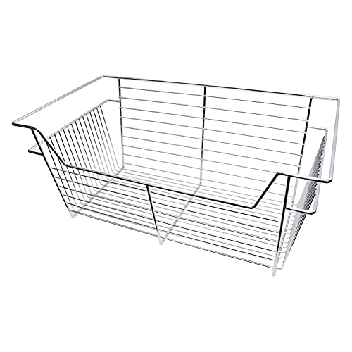 Easy Track 24 Inch Long Metal Sliding Wire Shelf Basket Bin Organizer with Triple Coated Frame for Home Closet Storage Systems, Chrome