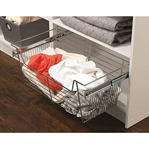 Easy Track 24 Inch Long Metal Sliding Wire Shelf Basket Bin Organizer with Triple Coated Frame for Home Closet Storage Systems, Chrome