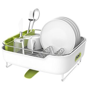 zova premium stainless steel dish drying rack with swivel spout, dish drainer utensil organizer for kitchen– medium, white &green