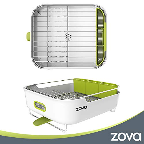 zova Premium Stainless Steel Dish Drying Rack with Swivel Spout, Dish Drainer Utensil Organizer for Kitchen– Medium, White &Green