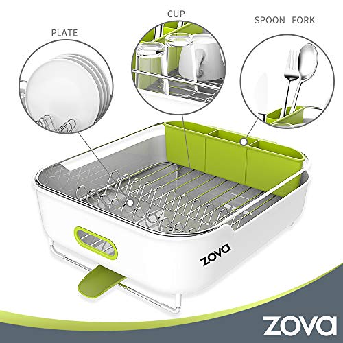 zova Premium Stainless Steel Dish Drying Rack with Swivel Spout, Dish Drainer Utensil Organizer for Kitchen– Medium, White &Green