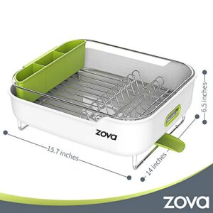 zova Premium Stainless Steel Dish Drying Rack with Swivel Spout, Dish Drainer Utensil Organizer for Kitchen– Medium, White &Green