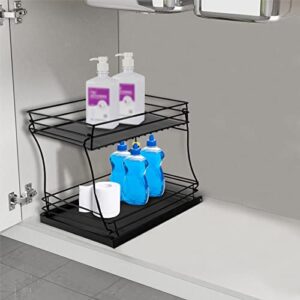 LOYALHEARTDY Pull Out Cabinet Organizer, 2 Tier Stainless Steel Under Sink Storage with Sliding Drawers Rectangular Home Organizer Shelf for Bathroom Kitchen (15.55 x 11.42 x 13.19inch, Black)