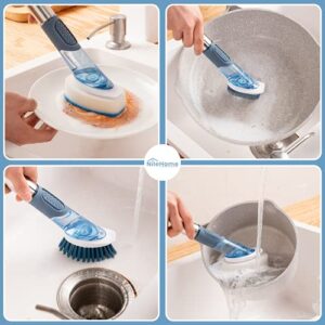 NileHome Dish Brush with Soap Dispenser Dish Scrubber with Replaceable PP Head Kitchen Dish Scrub Brush with Stainless Steel Handle Dish Cleaning Brush Dish Wand for Dishes, Pots