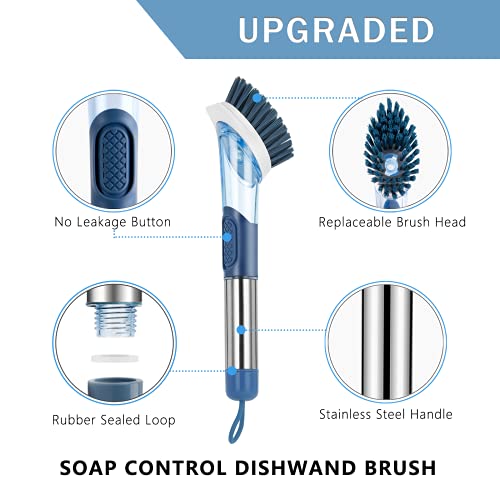 NileHome Dish Brush with Soap Dispenser Dish Scrubber with Replaceable PP Head Kitchen Dish Scrub Brush with Stainless Steel Handle Dish Cleaning Brush Dish Wand for Dishes, Pots