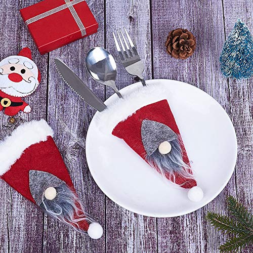 XIMINZ 12Pcs Christmas Santa Hats Silverware Holders, Nordic Santa Gnome Knife and Fork Holder Cover Tableware Bag Cutlery Holder Plush Bag Christmas Party Table Dinner Decor (red)